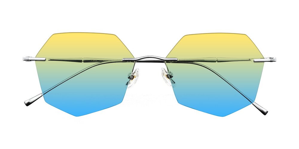 Silver Titanium Geometric Rimless Gradient Sunglasses with Yellow ...