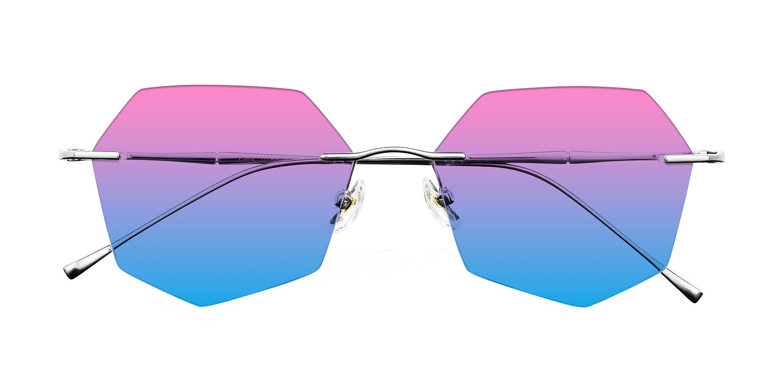 Silver Titanium Geometric Rimless Gradient Sunglasses with Pink / Blue ...
