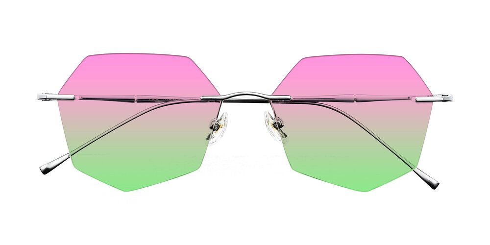 Silver Titanium Geometric Rimless Gradient Sunglasses with Pink / Green ...