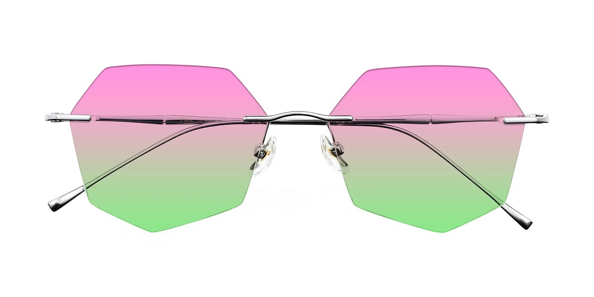Silver Titanium Geometric Rimless Gradient Sunglasses with Pink / Green ...