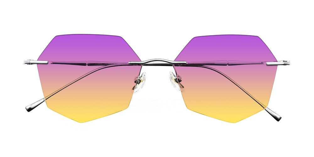 Silver Titanium Geometric Rimless Gradient Sunglasses with Purple ...