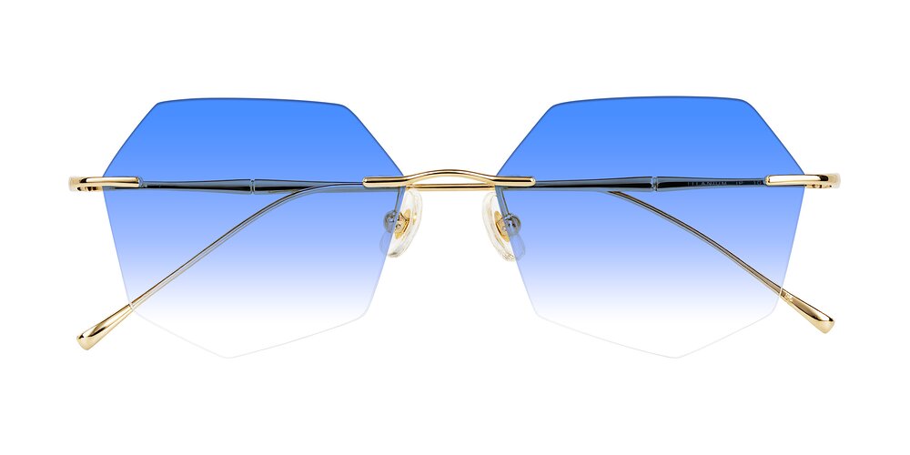 Gold Titanium Geometric Rimless Gradient Sunglasses with Blue Sunwear ...