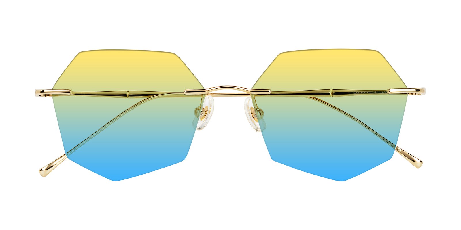 Gold Titanium Geometric Rimless Gradient Sunglasses with Yellow / Blue ...