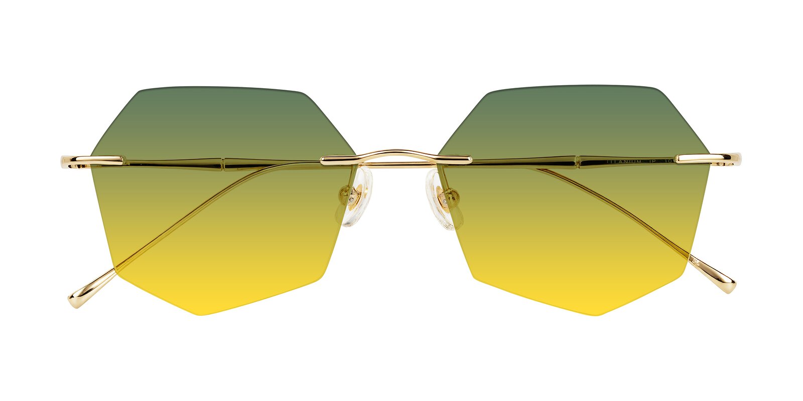 Gold Titanium Geometric Rimless Gradient Sunglasses with Green / Yellow ...