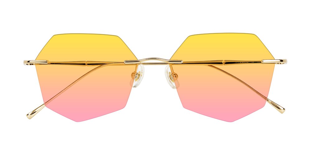 Gold Titanium Geometric Rimless Gradient Sunglasses with Yellow / Pink ...