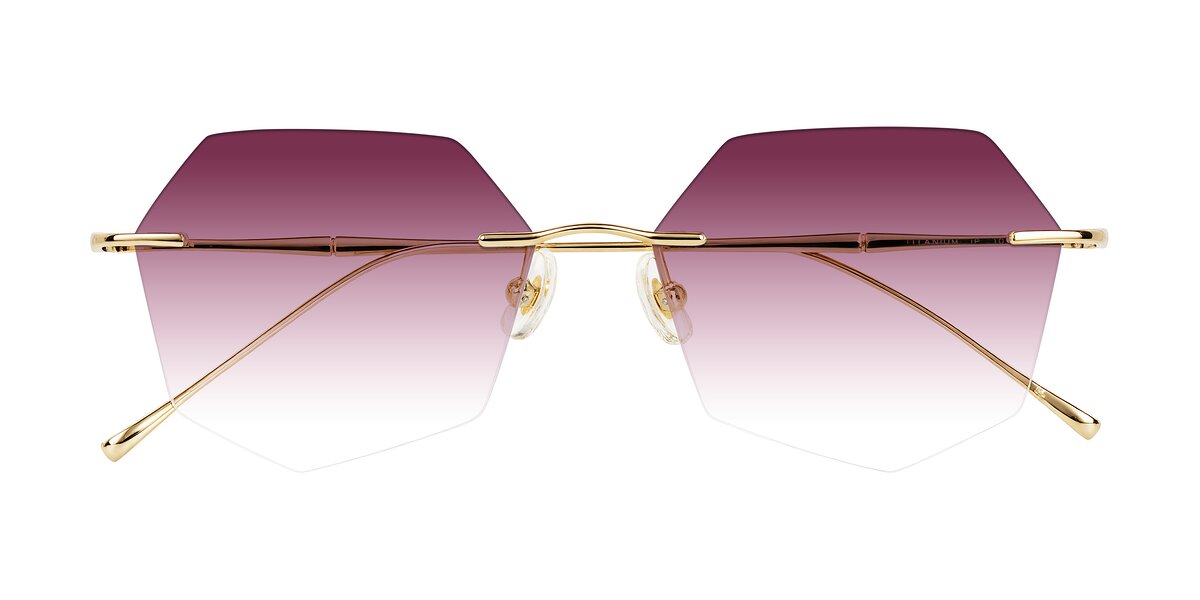 Gold Titanium Geometric Rimless Gradient Sunglasses with Wine Sunwear ...