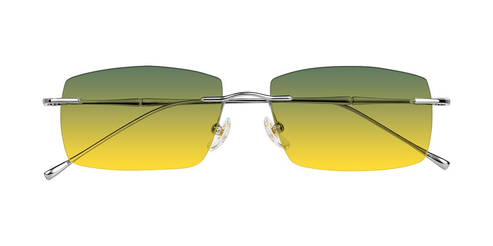 Silver Titanium Rectangle Rimless Gradient Sunglasses with Green ...