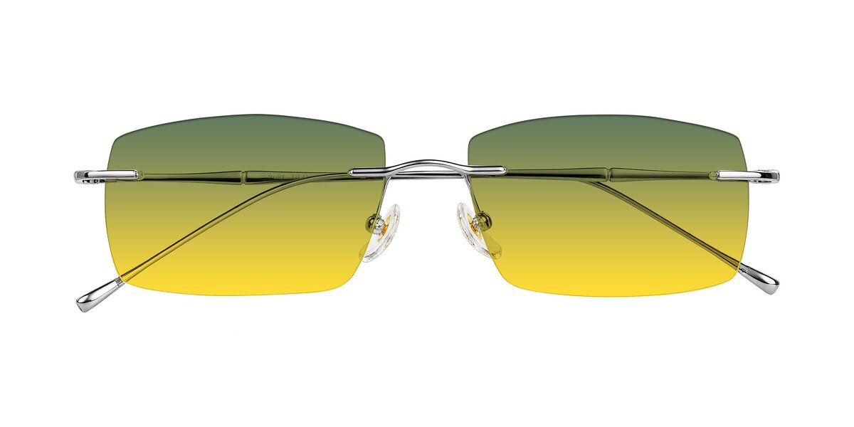 Silver Titanium Rectangle Rimless Gradient Sunglasses with Green ...