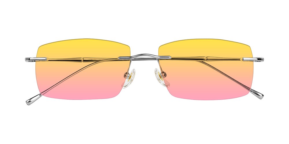 Silver Titanium Rectangle Rimless Gradient Sunglasses with Yellow ...