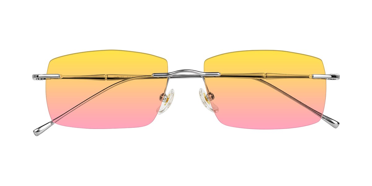Silver Titanium Rectangle Rimless Gradient Sunglasses with Yellow ...