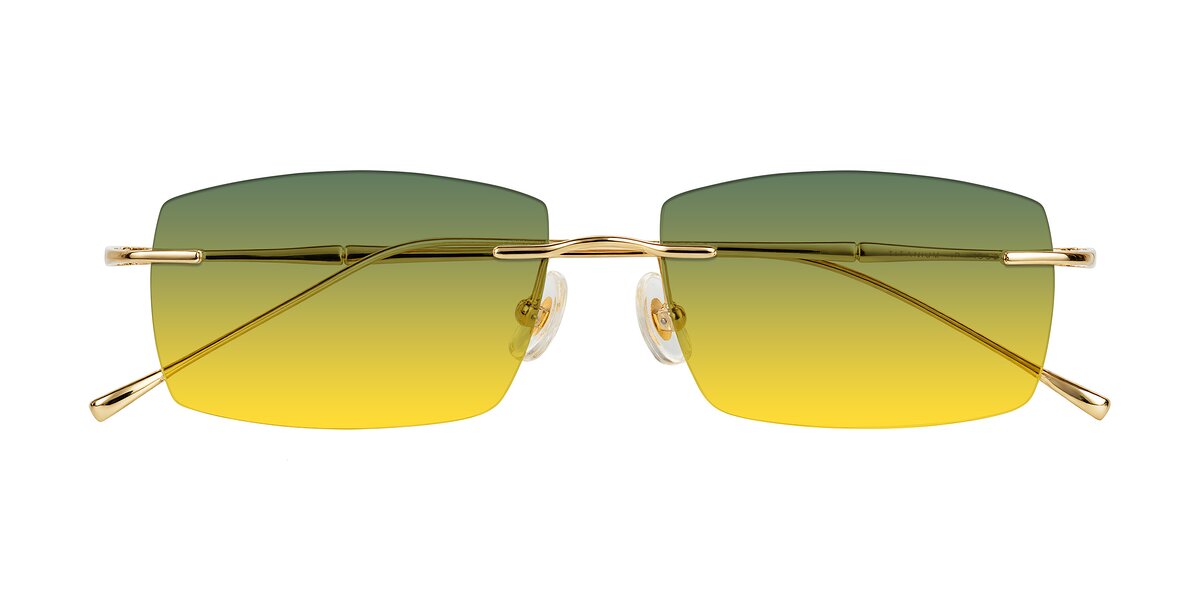 Gold Titanium Rectangle Rimless Gradient Sunglasses with Green / Yellow ...