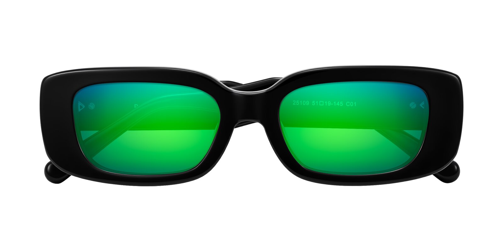 Black Thick Retro-Vintage Rectangle Mirrored Sunglasses with Green ...