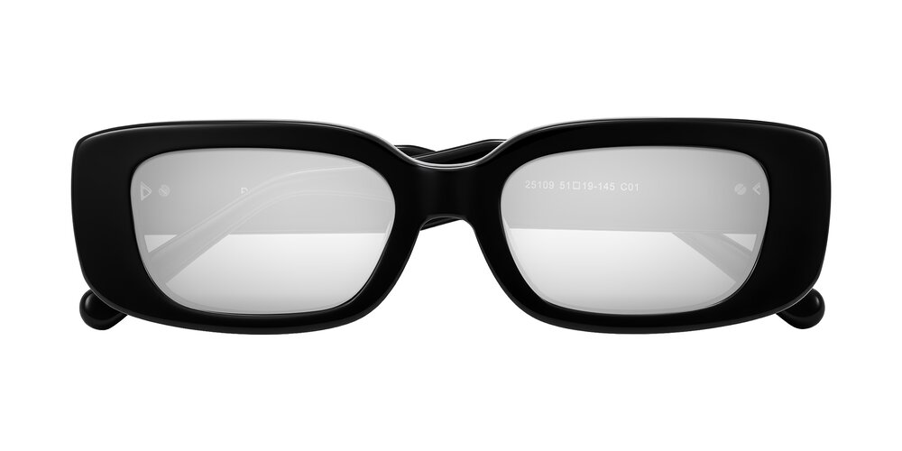 Black Thick Retro-Vintage Rectangle Mirrored Sunglasses with Silver ...