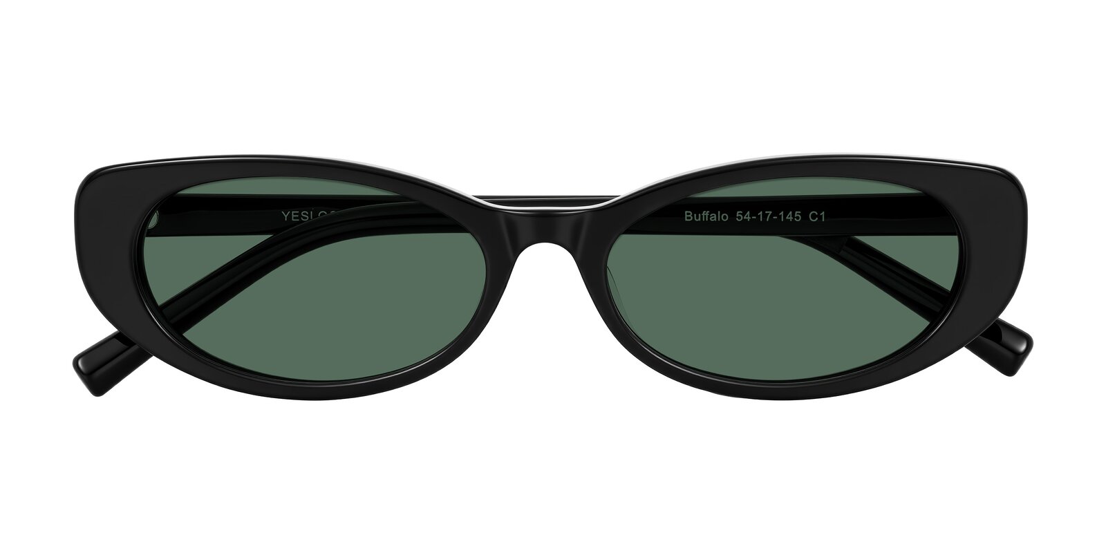 Black Retro-Vintage Low Bridge Fit Oval Polarized Sunglasses with Green ...