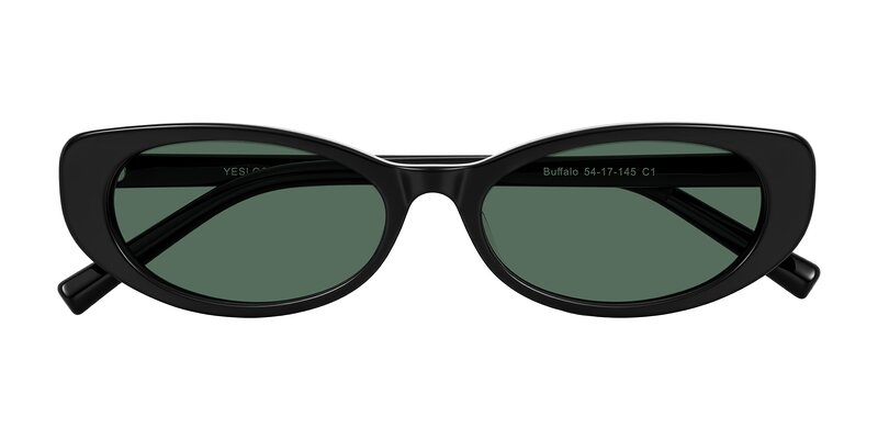 Black Retro-Vintage Low Bridge Fit Oval Polarized Sunglasses with Green ...