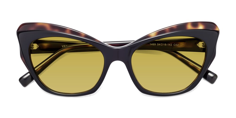 Black Retro Vintage Acetate Cat Eye Tinted Sunglasses With Light Champagne Sunwear Lenses Tiesi