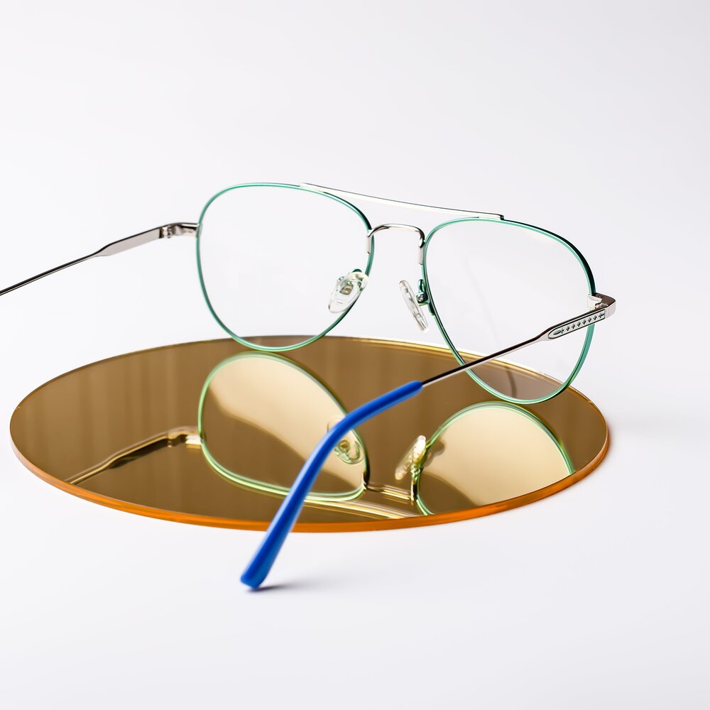 Green/Silver Lightweight Metal Aviator Eyeglasses - Richard