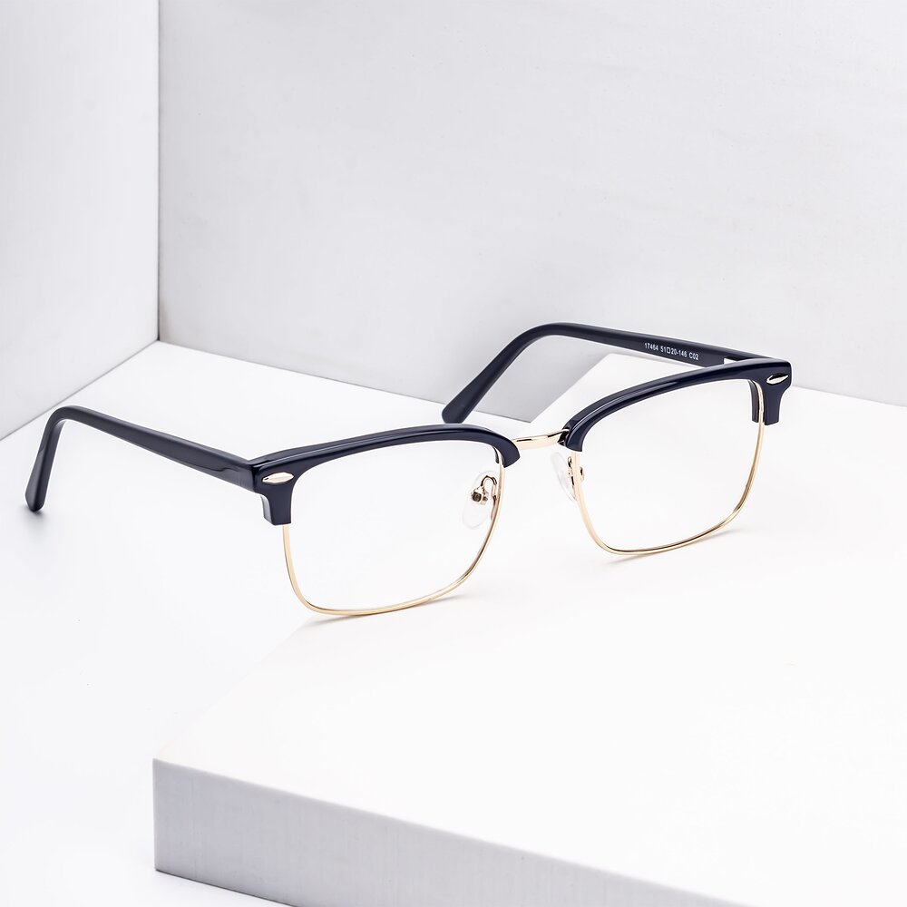 Blue-Gold Browline Retro-Vintage Square Blue Light Glasses - 17464