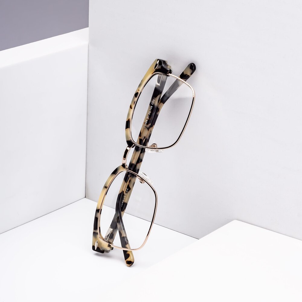 Tortoise-Gold Browline Retro-Vintage Square Eyeglasses - 17464