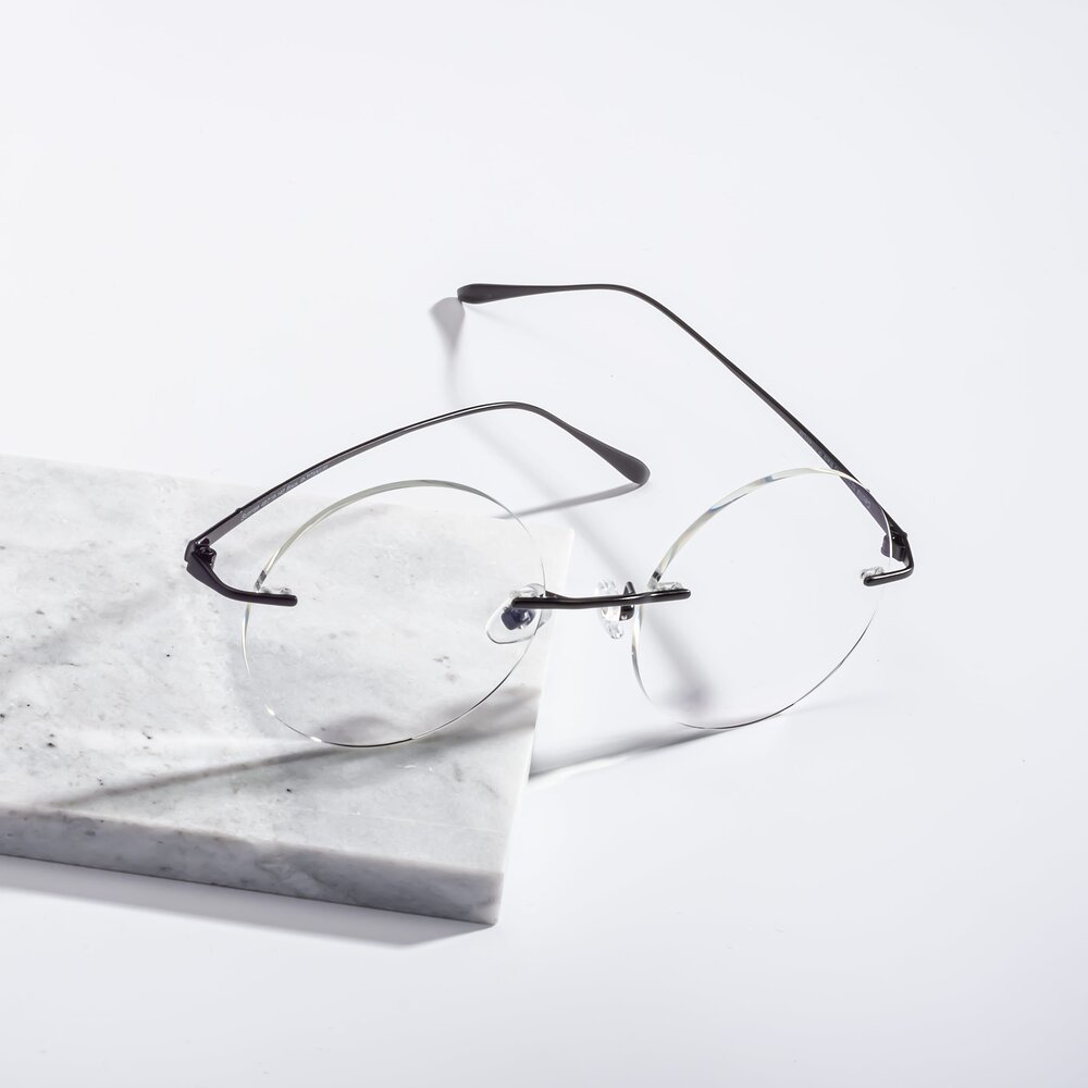 Black Retro-Vintage Round Rimless Eyeglasses - Sunrise