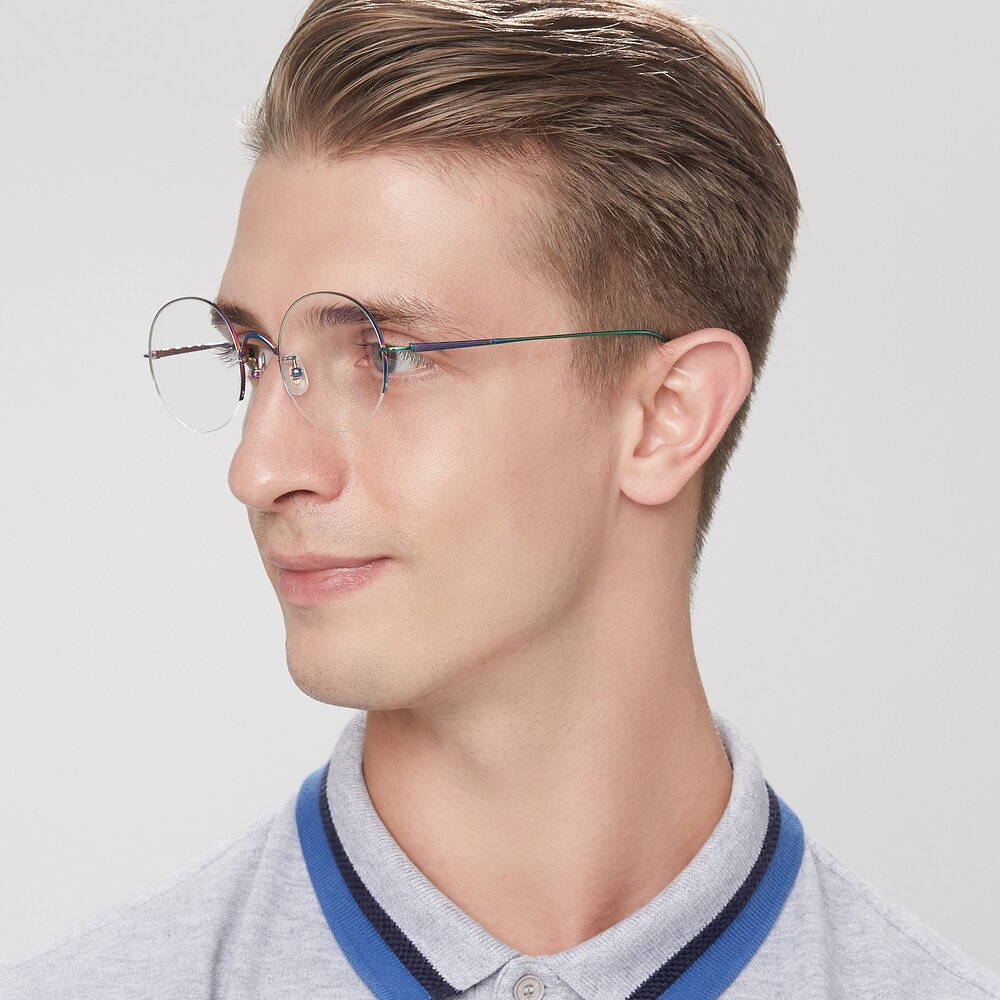 Black/Silver Titanium Round Semi-Rimless Eyeglasses - Harry