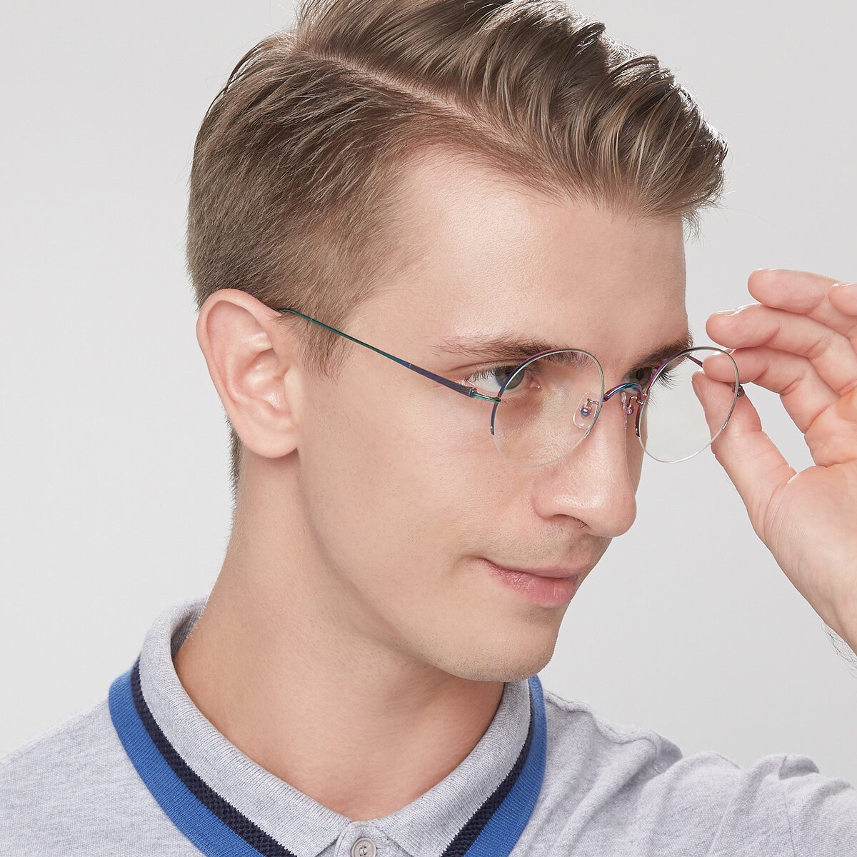 Black/Silver Titanium Round Semi-Rimless Eyeglasses - Harry