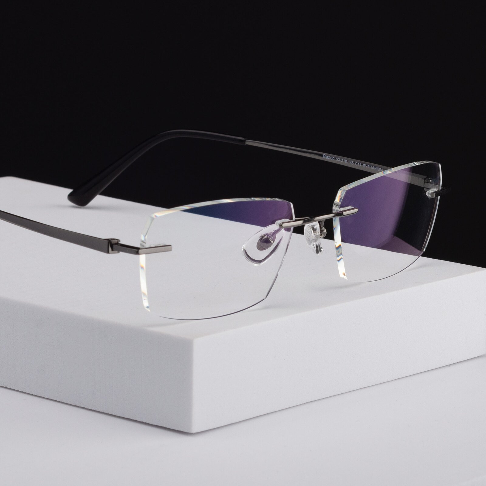 Gunmetal Classic Rectangle Rimless Blue Light Glasses - Basco