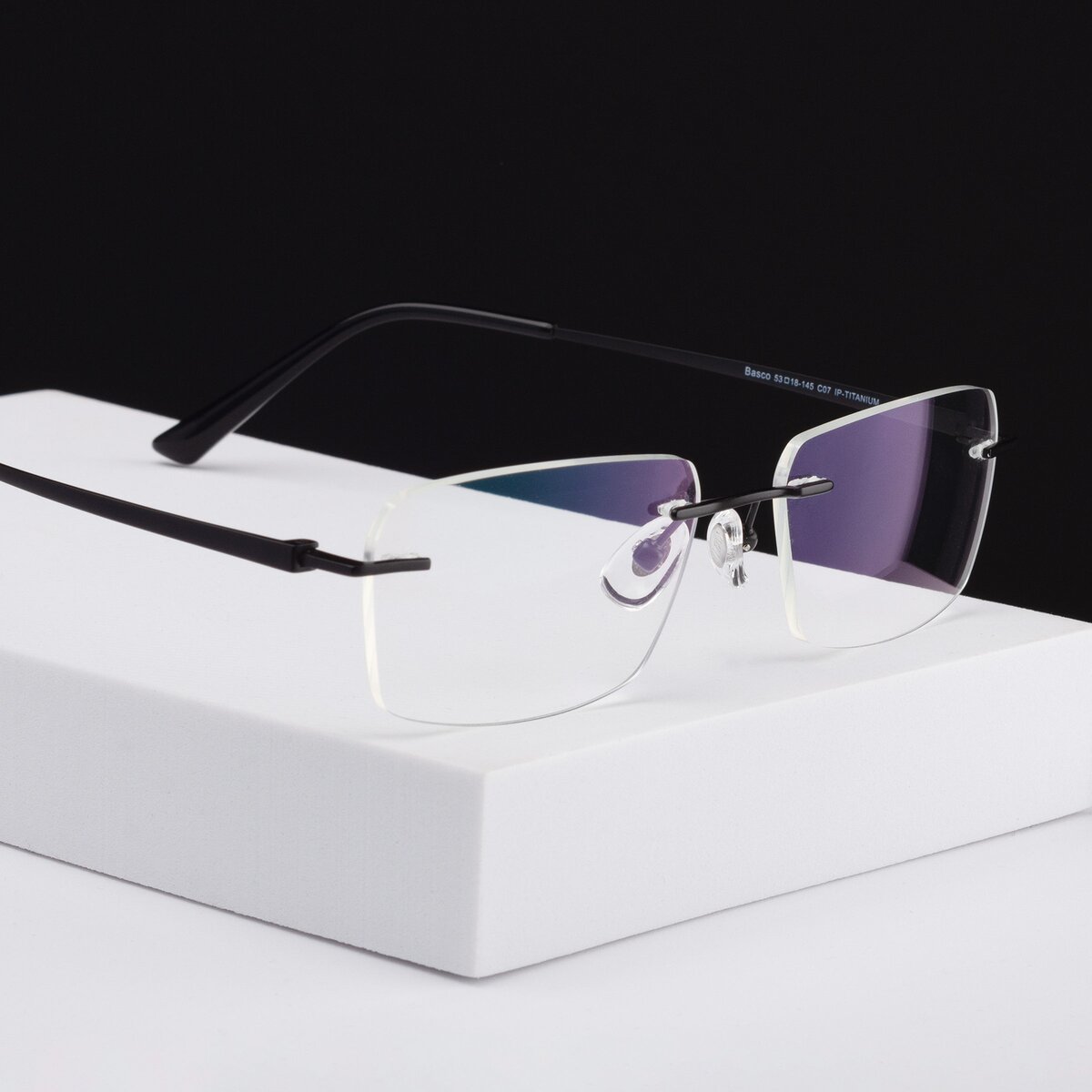 Black Classic Rectangle Rimless Blue Light Glasses - Basco