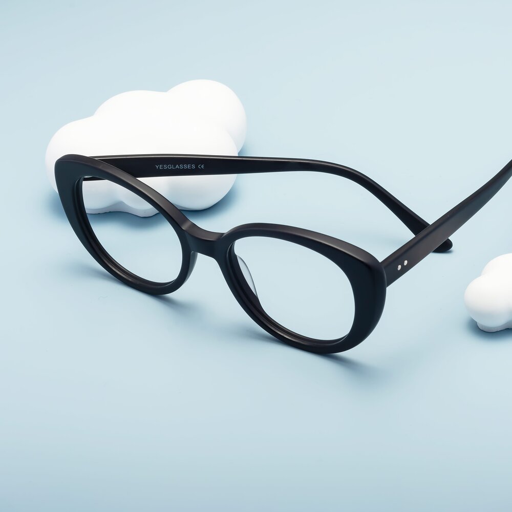 Matte Black Retro-Vintage Acetate Cat-Eye Eyeglasses - Pebble