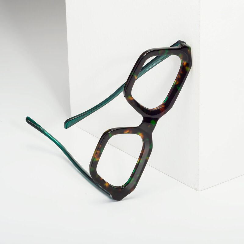 Green Tortoise Thick Acetate Geometric Eyeglasses - George