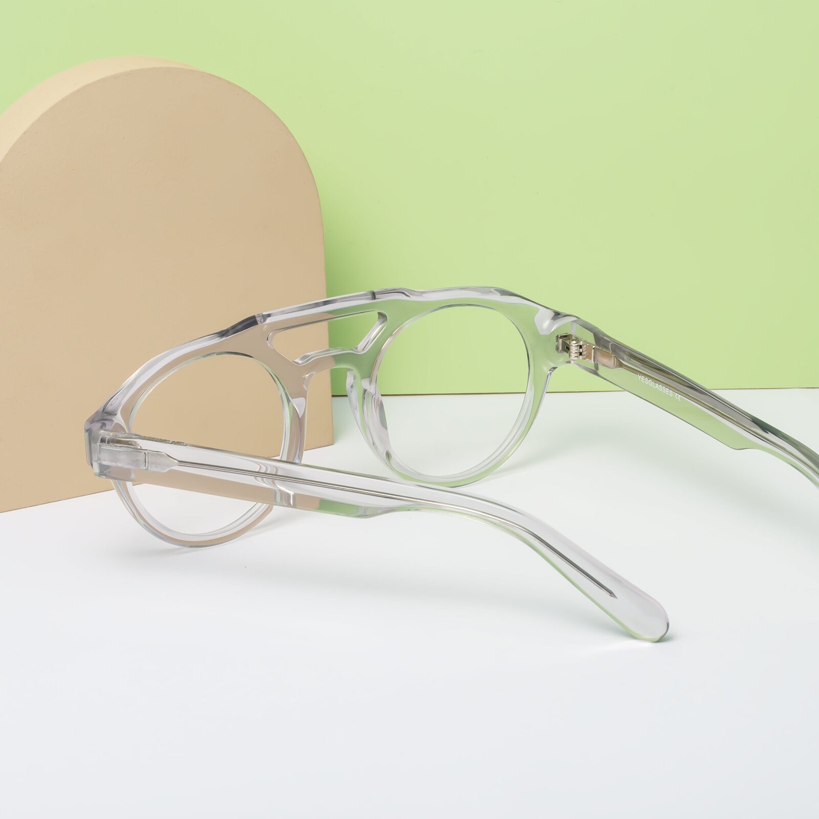 Light Gray Retro-Vintage Double Bridge Round Eyeglasses - Crown