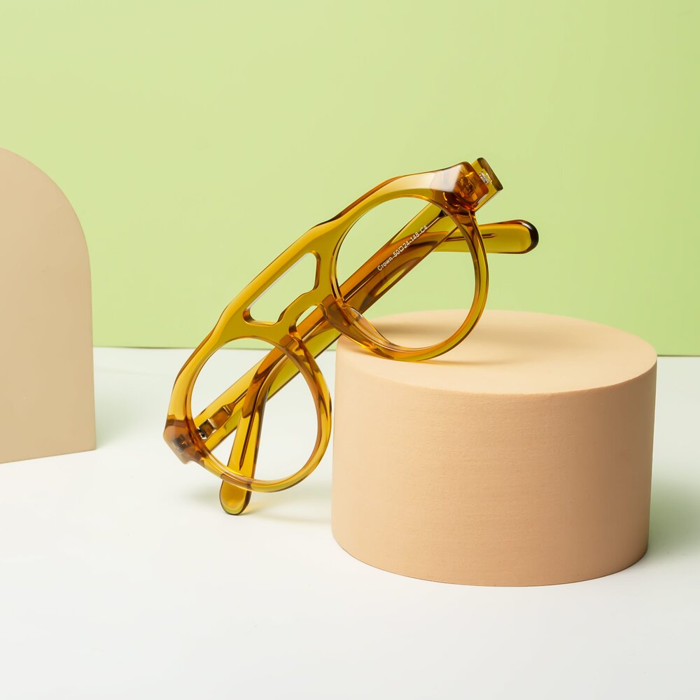 Amber Retro-Vintage Double Bridge Round Eyeglasses - Crown