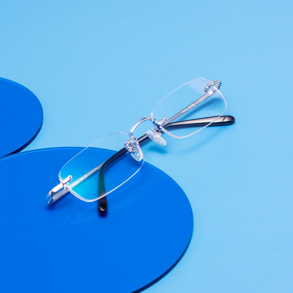 Silver Wide Rectangle Rimless Blue Light Glasses - Finn