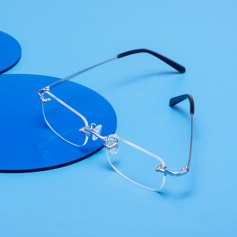 Silver Wide Rectangle Rimless Blue Light Glasses - Finn