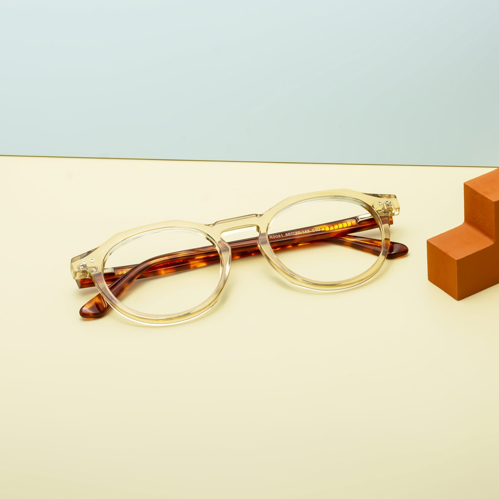 Amber / Tortoise Keyhole Bridge Acetate Geometric Eyeglasses - Dyson