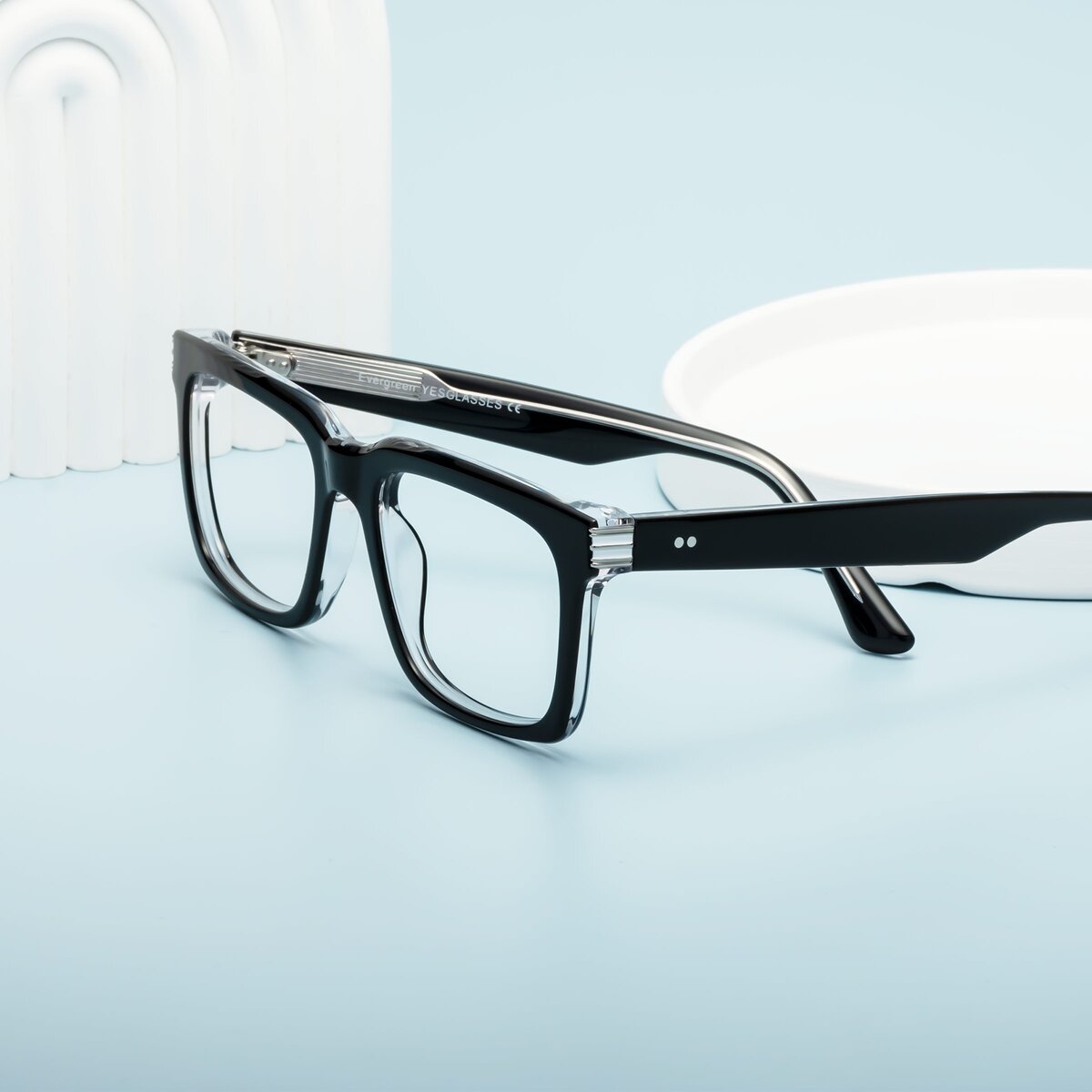 Black/Clear Classic Acetate Square Eyeglasses - Evergreen