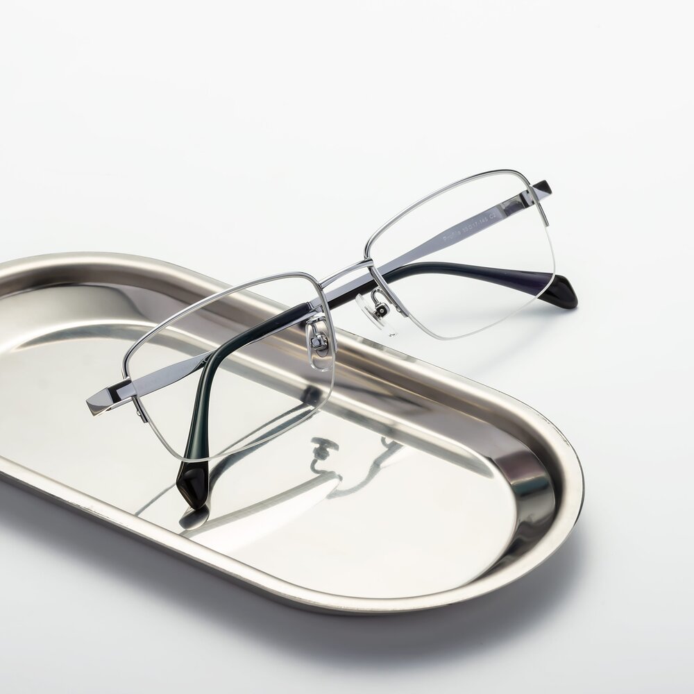 Silver Classic Rectangle Semi-Rimless Eyeglasses - Profile