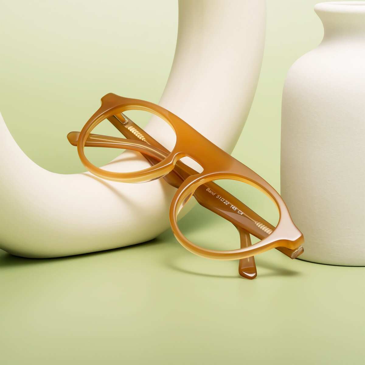 Caramel Browline Hipster Round Eyeglasses - Band