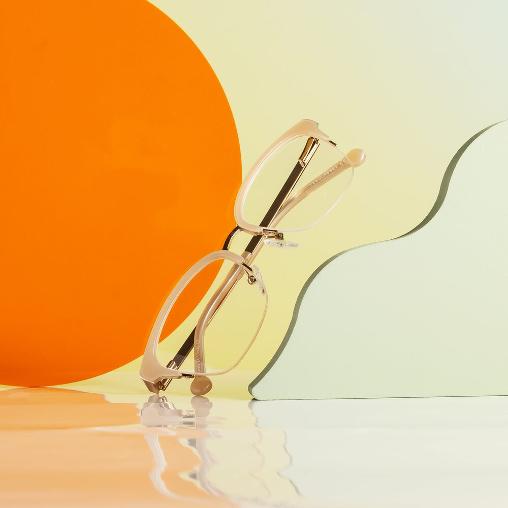 Beige/Gold Retro-Vintage Oval Semi-Rimless Eyeglasses - Jewels