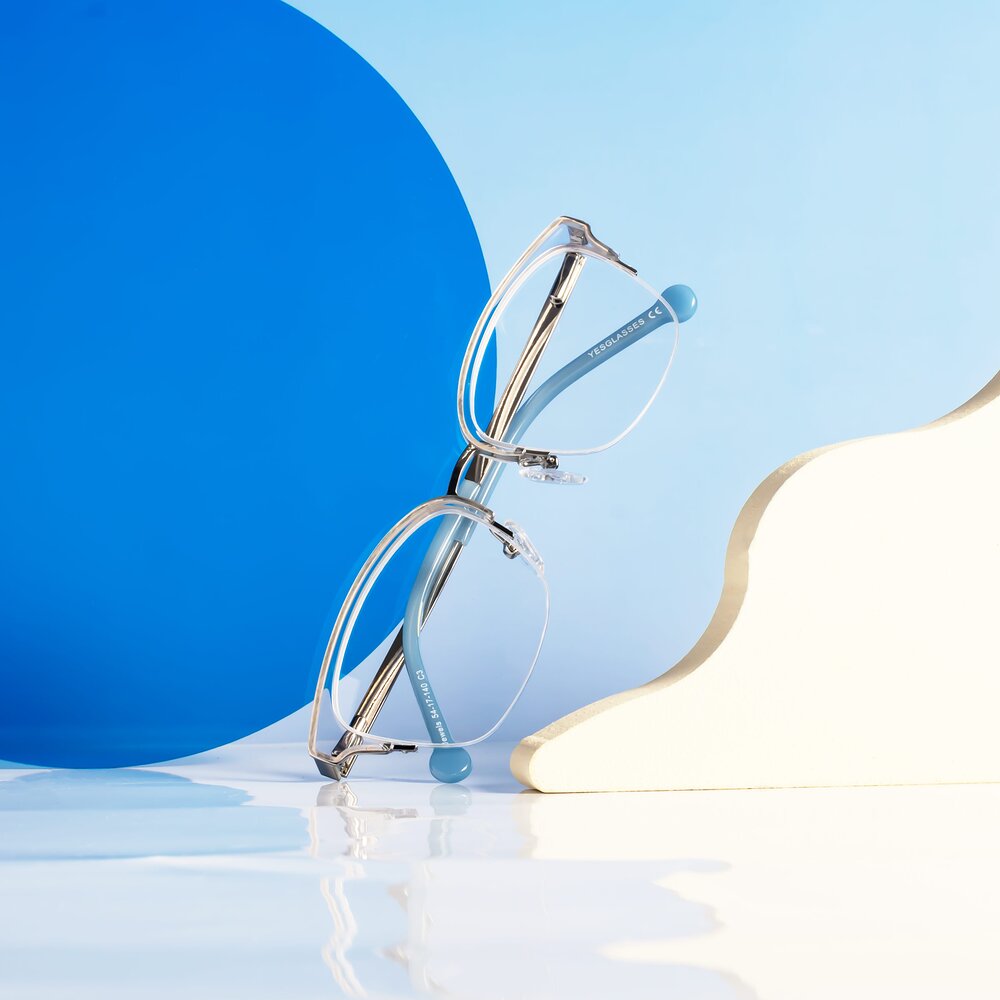 Clear/Silver Retro-Vintage Oval Semi-Rimless Eyeglasses - Jewels