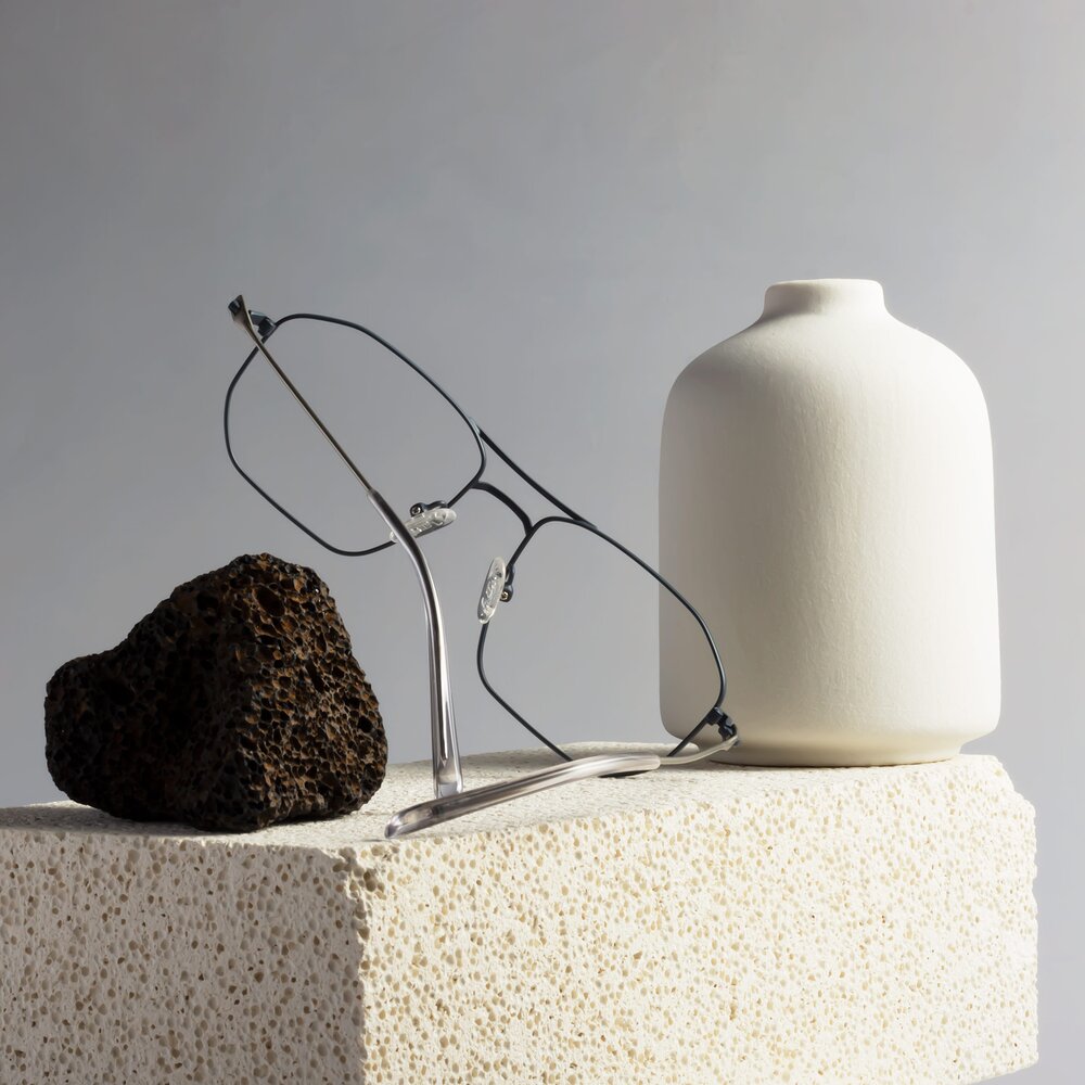 Stone Blue/Silver Double Bridge Metal Geometric Eyeglasses - Cress