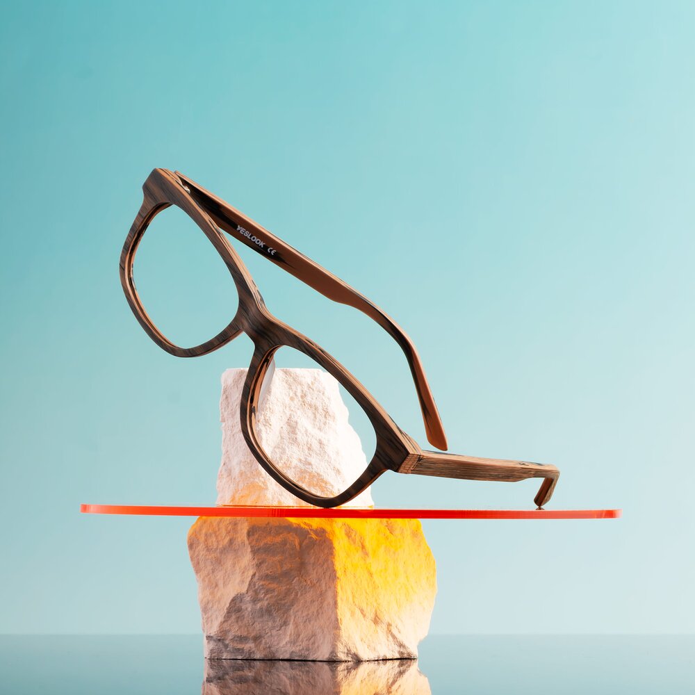 Burnt Tan Woodgrain Narrow Acetate Rectangle Eyeglasses - Alfred