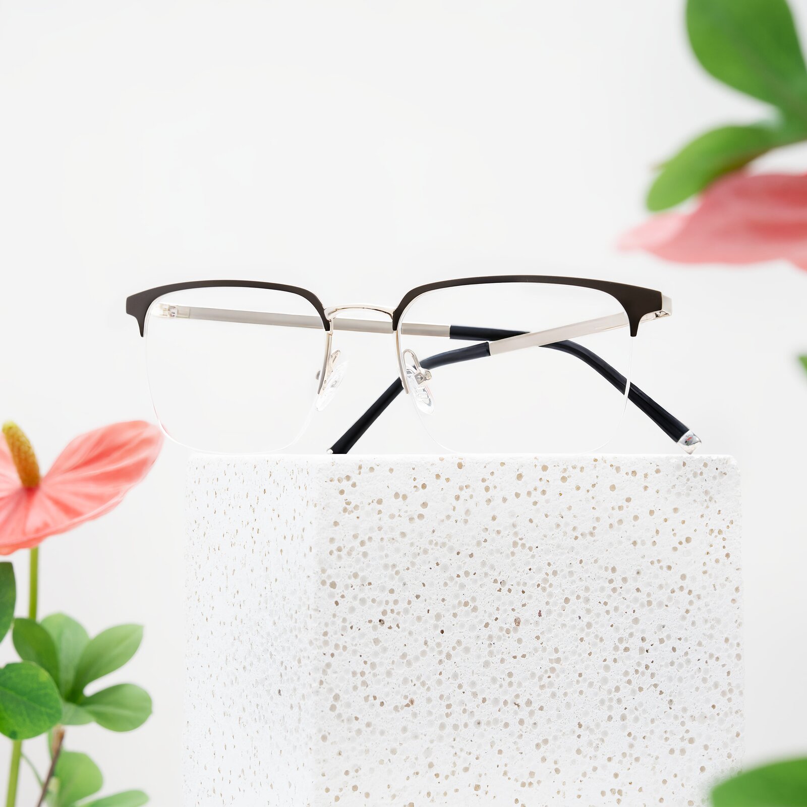 Matte Brown/Gold Browline Rectangle Semi-Rimless Eyeglasses - Volkho