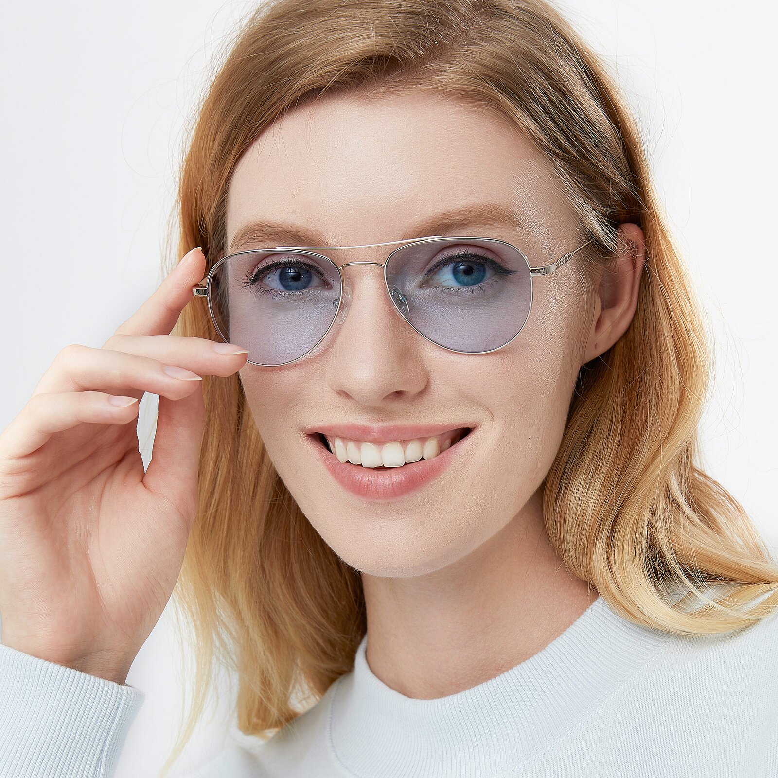 Silver Lightweight Metal Aviator Tinted Sunglasses with Light Blue ...